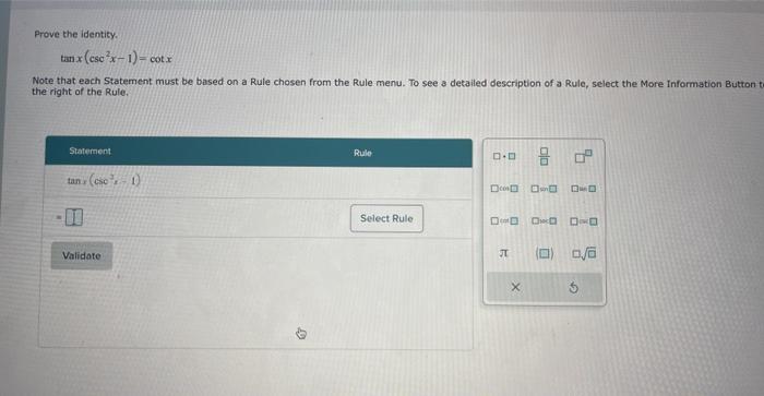 Solved Prove the identity. tanx(csc2x−1)=cotx Note that each | Chegg.com