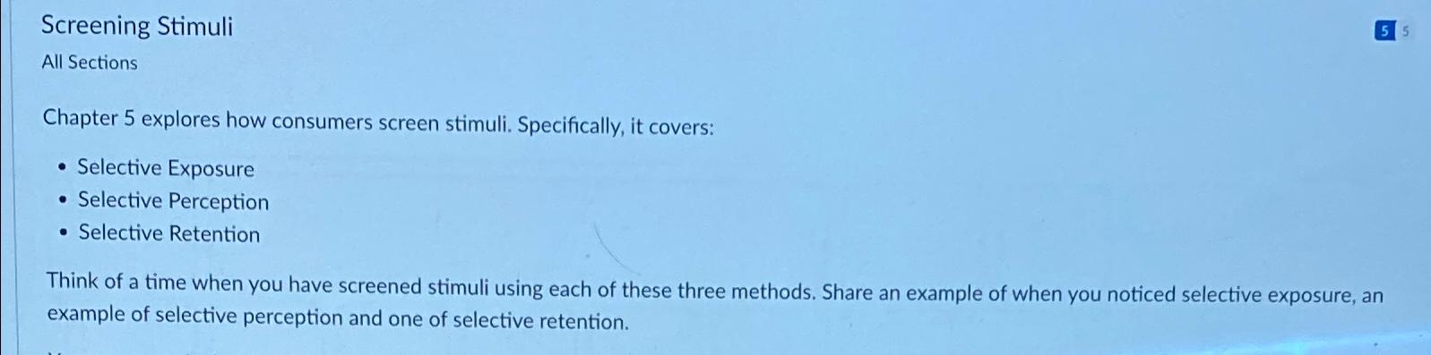 Solved Screening StimuliAll SectionsChapter 5 ﻿explores how | Chegg.com
