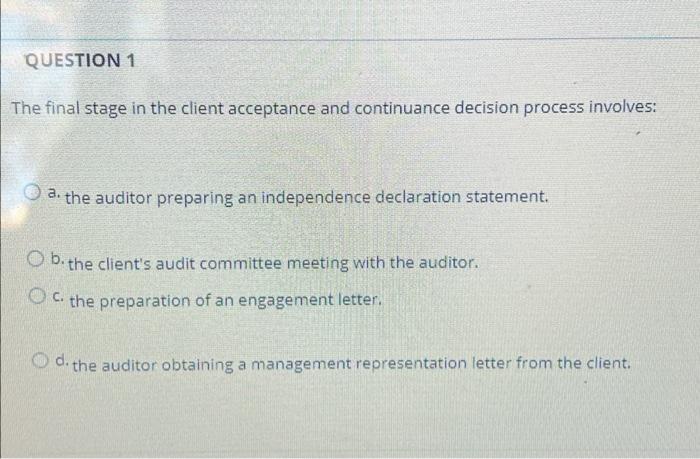 Solved QUESTION 1 The final stage in the client acceptance | Chegg.com