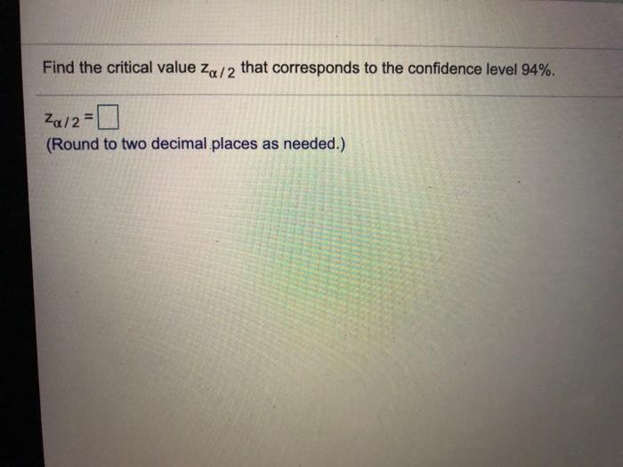 Solved Find the critical value Za/2 that corresponds to the | Chegg.com