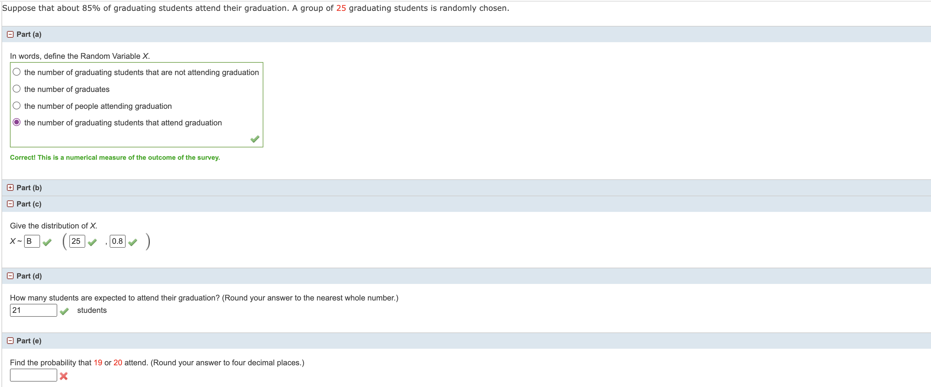 Solved Part (e)Find the probability that 19 ﻿or 20 ﻿attend. | Chegg.com