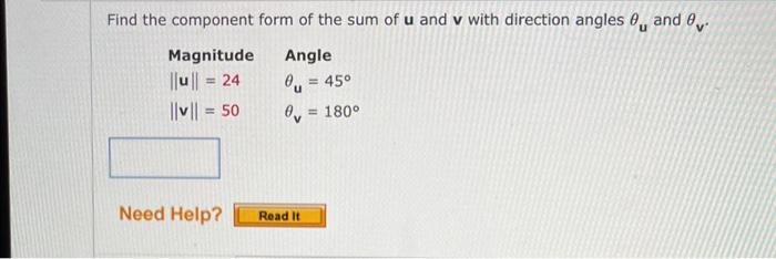 Solved Find the component form of the sum of u and v with | Chegg.com