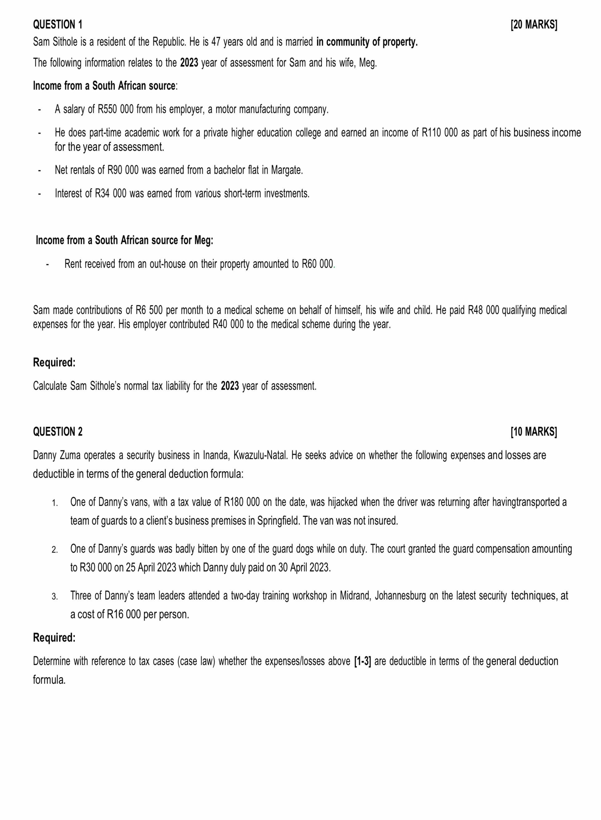 Solved QUESTION 1[20 ﻿MARKS]Sam Sithole is a resident of the | Chegg.com