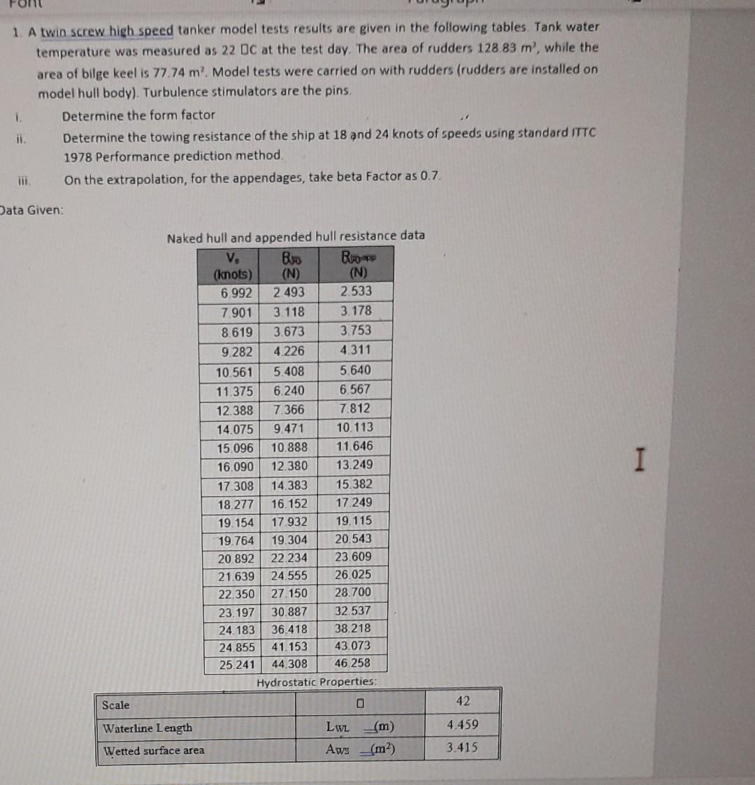 Solved 1. A twin screw high speed tanker model tests results | Chegg.com