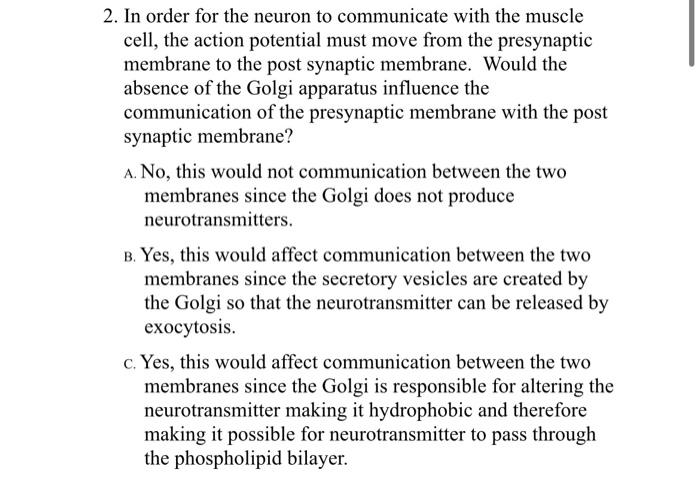 Solved 2. In order for the neuron to communicate with the | Chegg.com