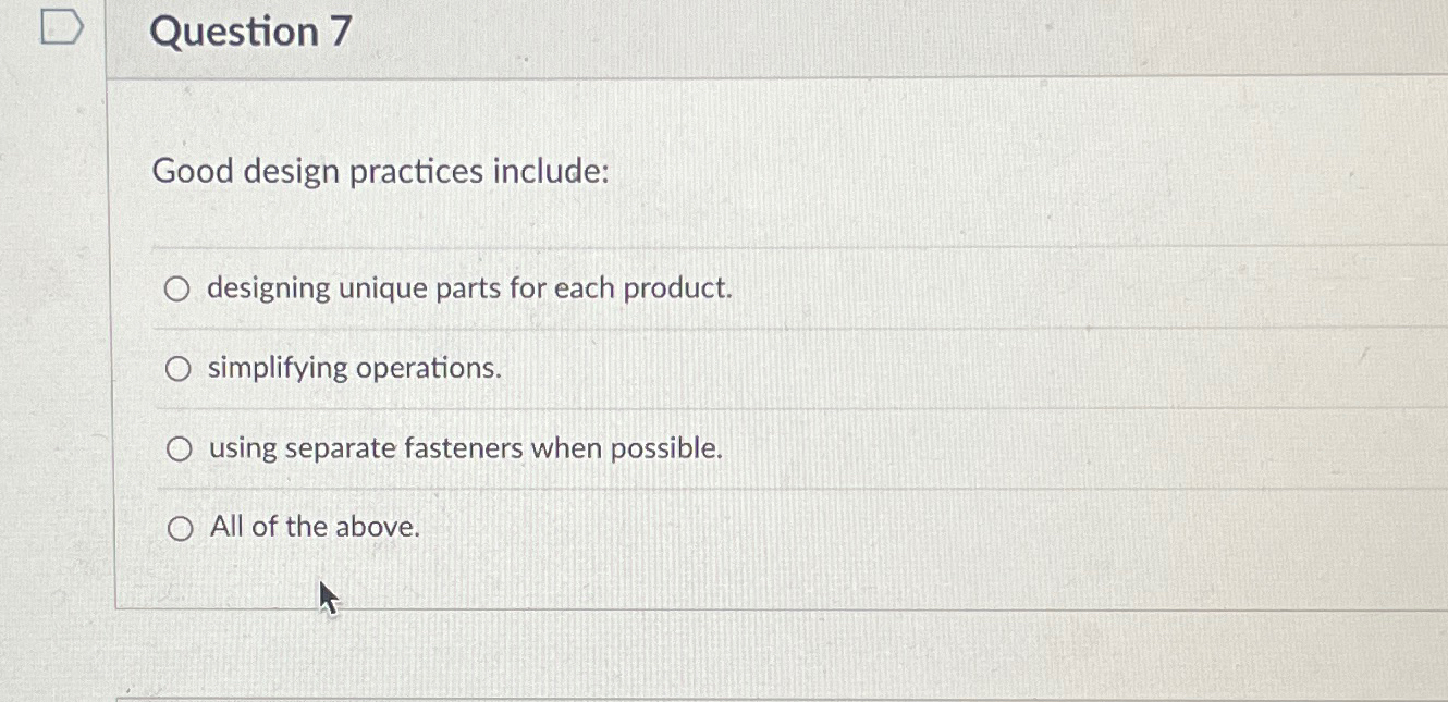Solved Question 7Good design practices include:designing | Chegg.com