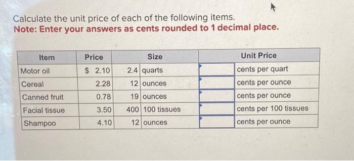 Solved Calculate the unit price of each of the following | Chegg.com
