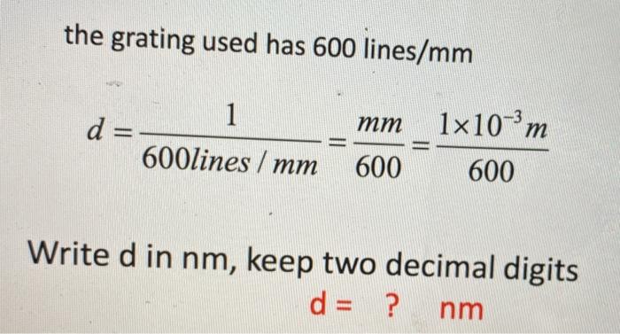Solved the grating used has 600 lines/mm mm 1 d = 600lines / | Chegg.com