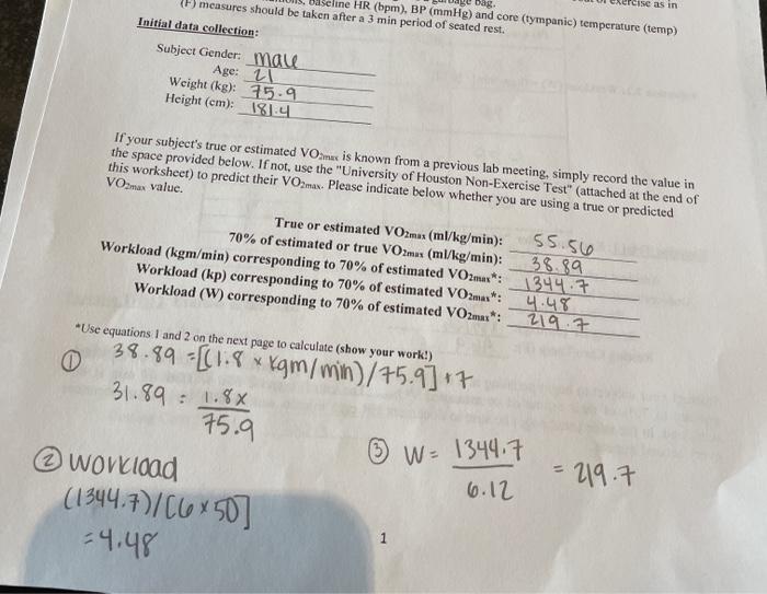 Equation 1: Calculate workload in kgm/min (based on | Chegg.com