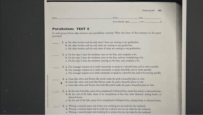 Parallelism: TEST 4 In eich group below, one sentence | Chegg.com