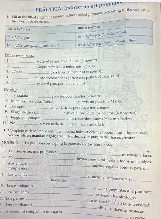 PRÁCTICA: Indirect object pronouns I. Fill in the | Chegg.com