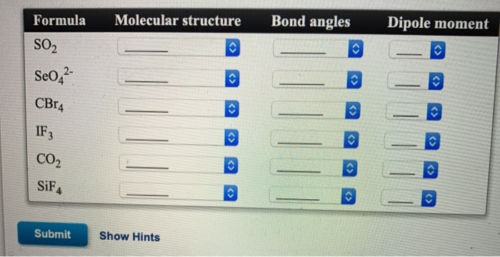 Solved Dipole moment Bond angles Molecular structure Formula | Chegg.com