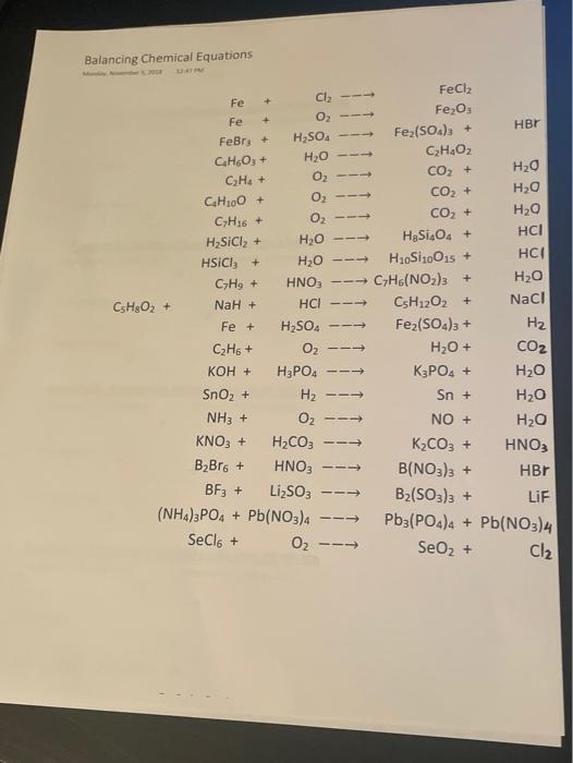 Solved Balancing Chemical Equations + H20 02 H2O FeCl2 Fe CI | Chegg.com