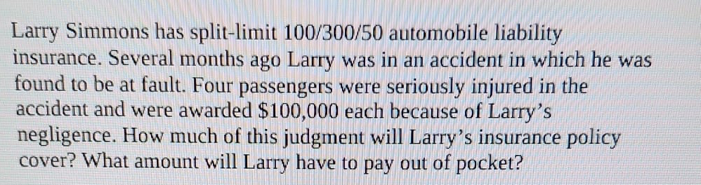 Solved Larry Simmons has split-limit 100/300/50 ﻿automobile | Chegg.com
