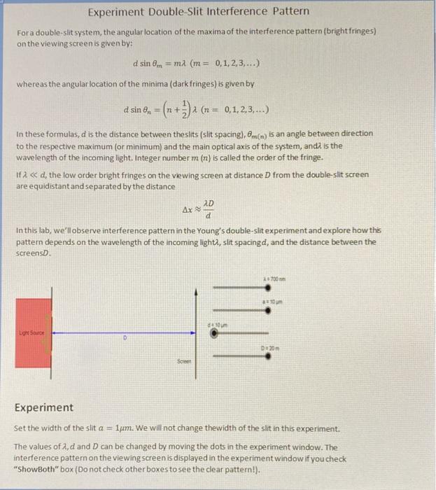 Solved Experiment Double Slit Interference Pattern Fora | Chegg.com