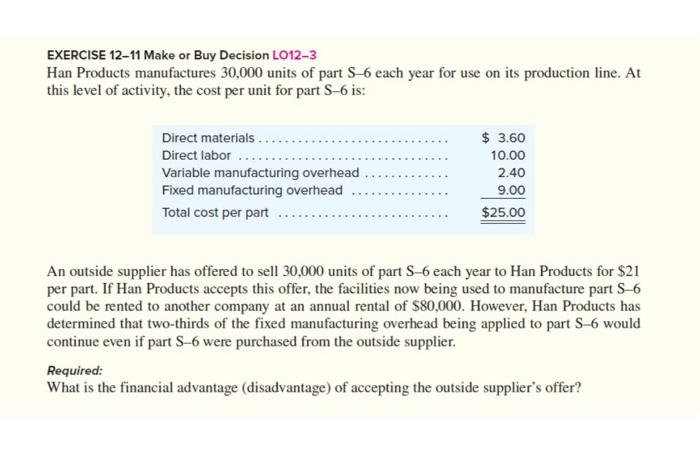 Solved EXERCISE 12-11 Make or Buy Decision L012-3 Han | Chegg.com