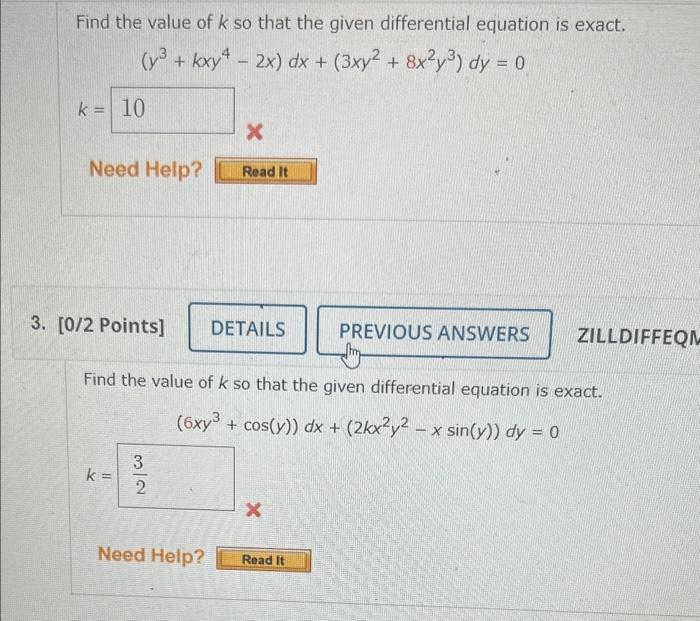 Solved Find the value of k so that the given differential | Chegg.com
