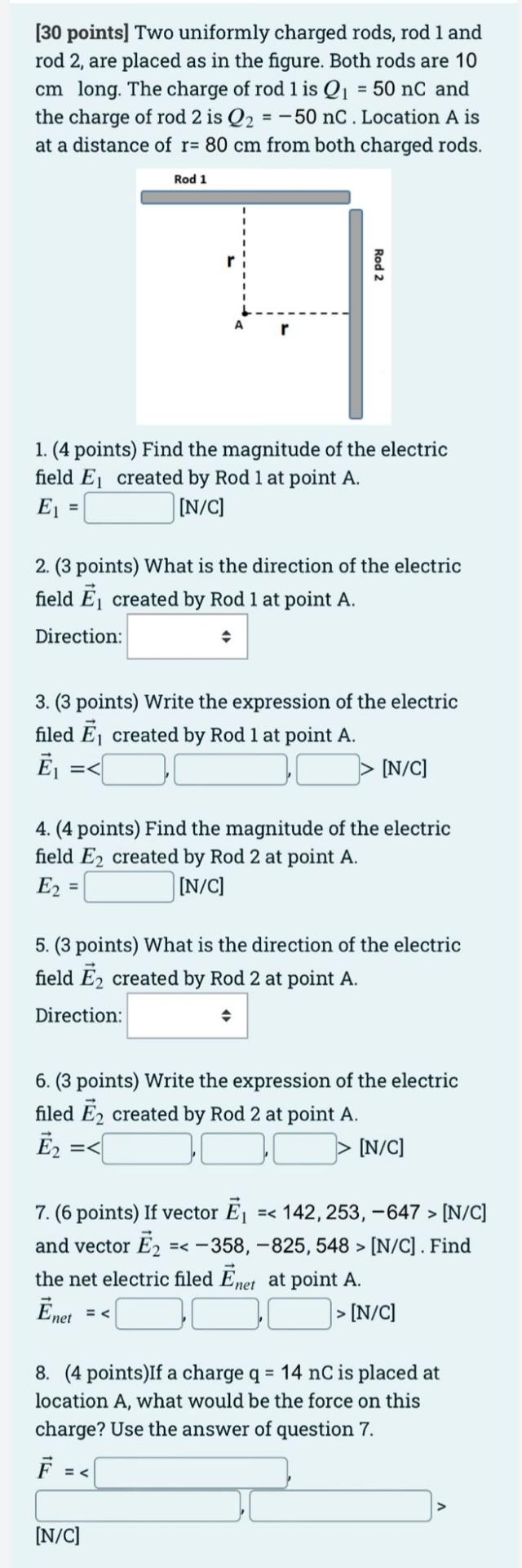 Solved [30 points] Two uniformly charged rods, rod 1 and rod | Chegg.com