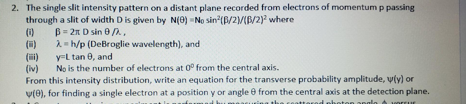 Solved 2. The single slit intensity pattern on a distant | Chegg.com