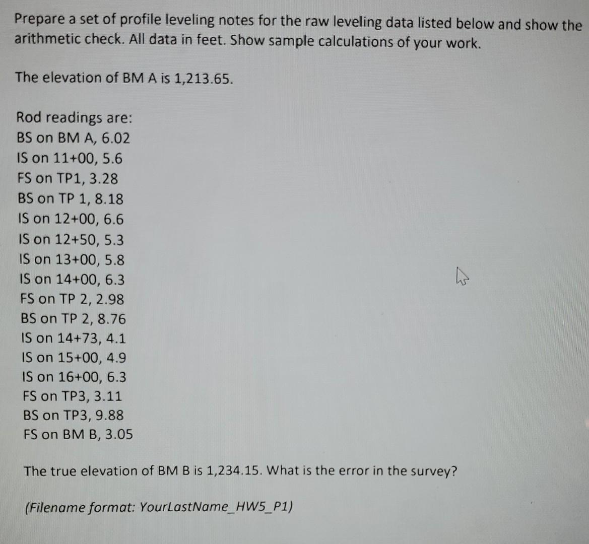 Solved Prepare a set of profile leveling notes for the raw | Chegg.com