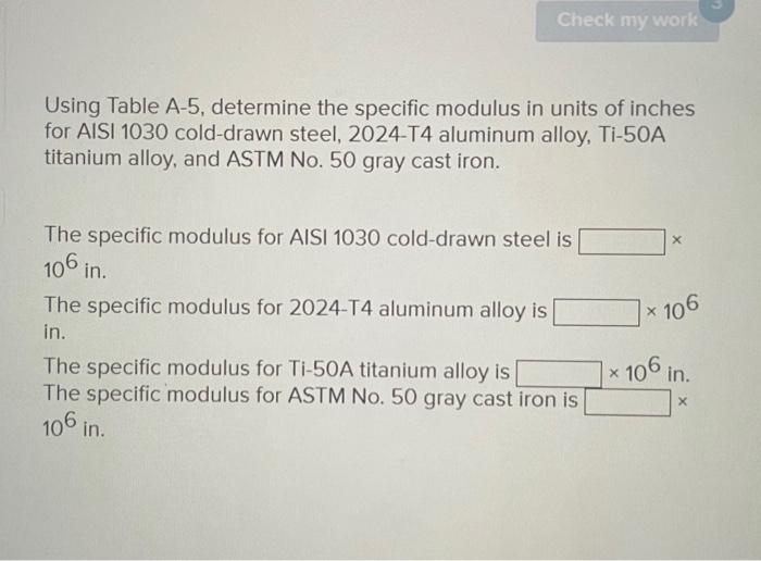 Solved Using Table A-5, determine the specific modulus in | Chegg.com