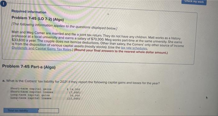Solved Check my work Required information Problem 7-45 (LO | Chegg.com