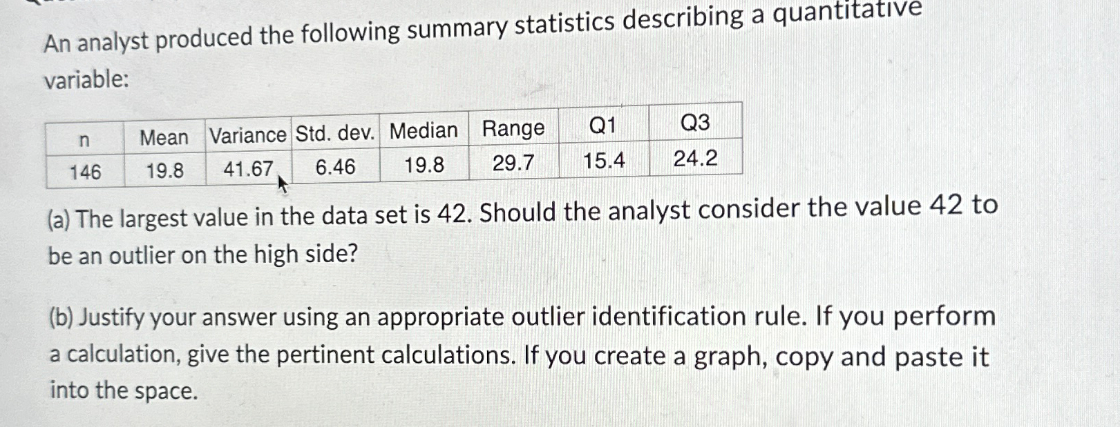 Solved An analyst produced the following summary statistics | Chegg.com