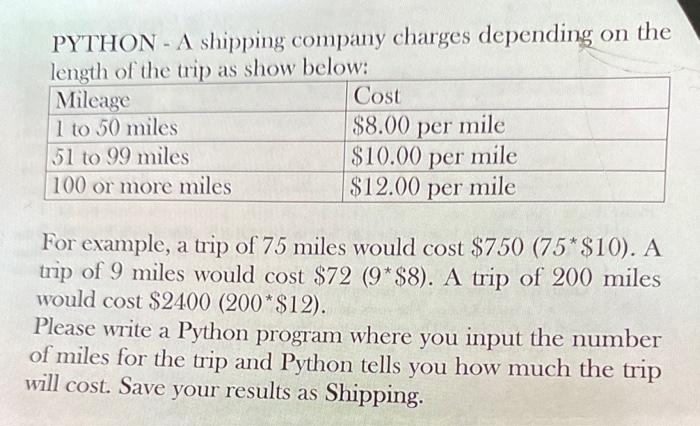Solved PYTHON - A shipping company charges depending on the | Chegg.com