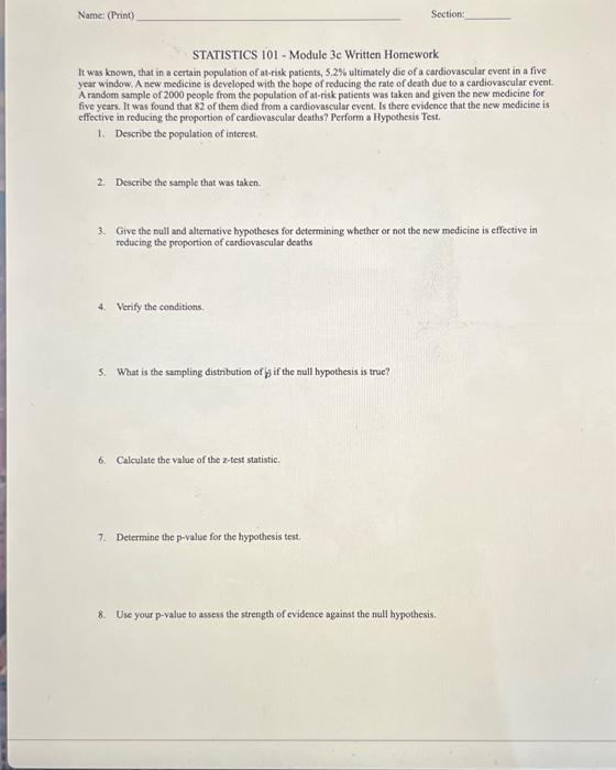 Solved Name: (Priat) Section: STATISTICS 101 - Module 3c | Chegg.com