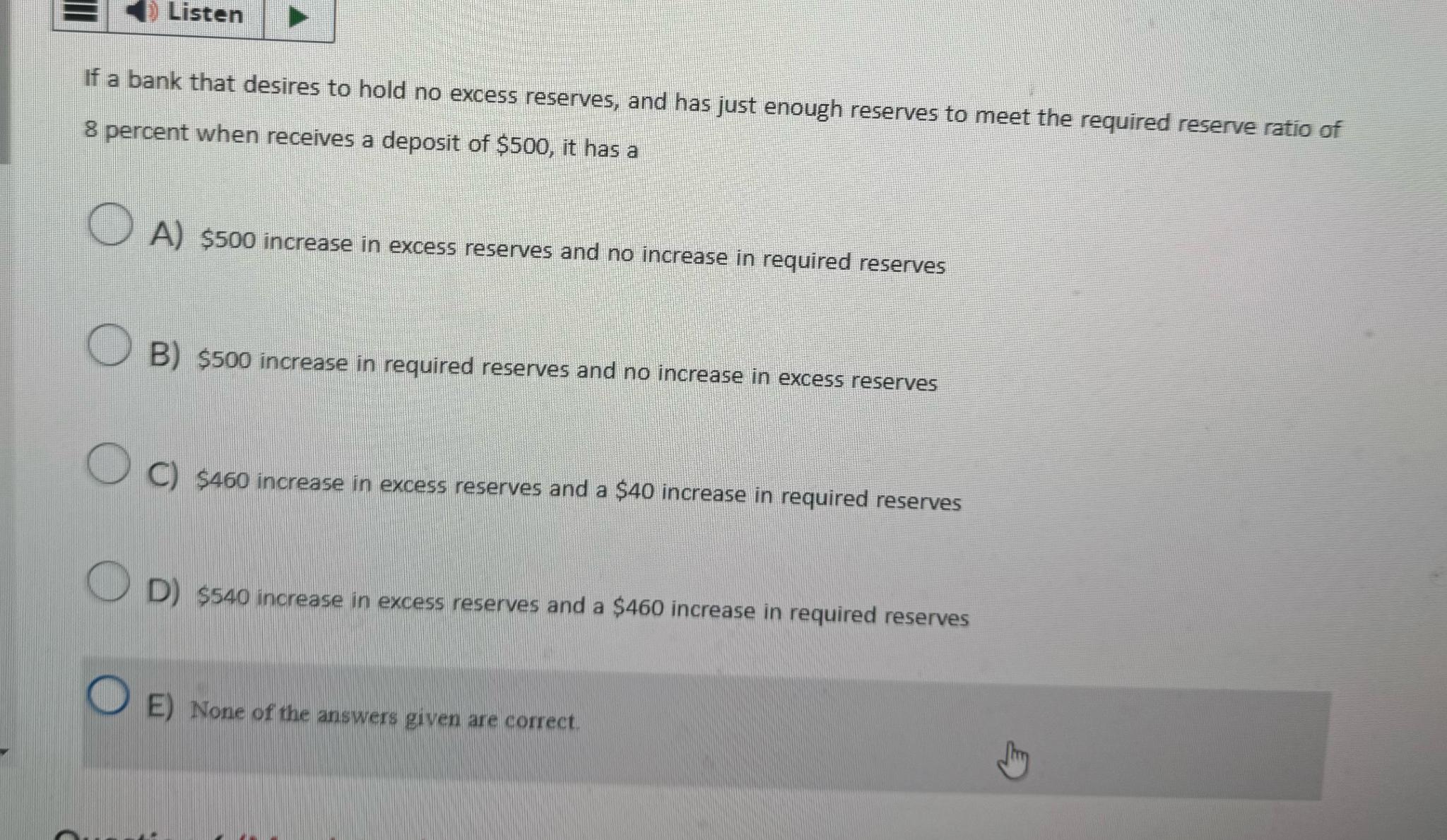 Solved ListenIf a bank that desires to hold no excess | Chegg.com