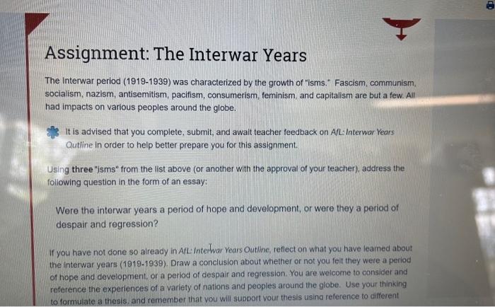 Assignment: The Interwar Years The Interwar period | Chegg.com