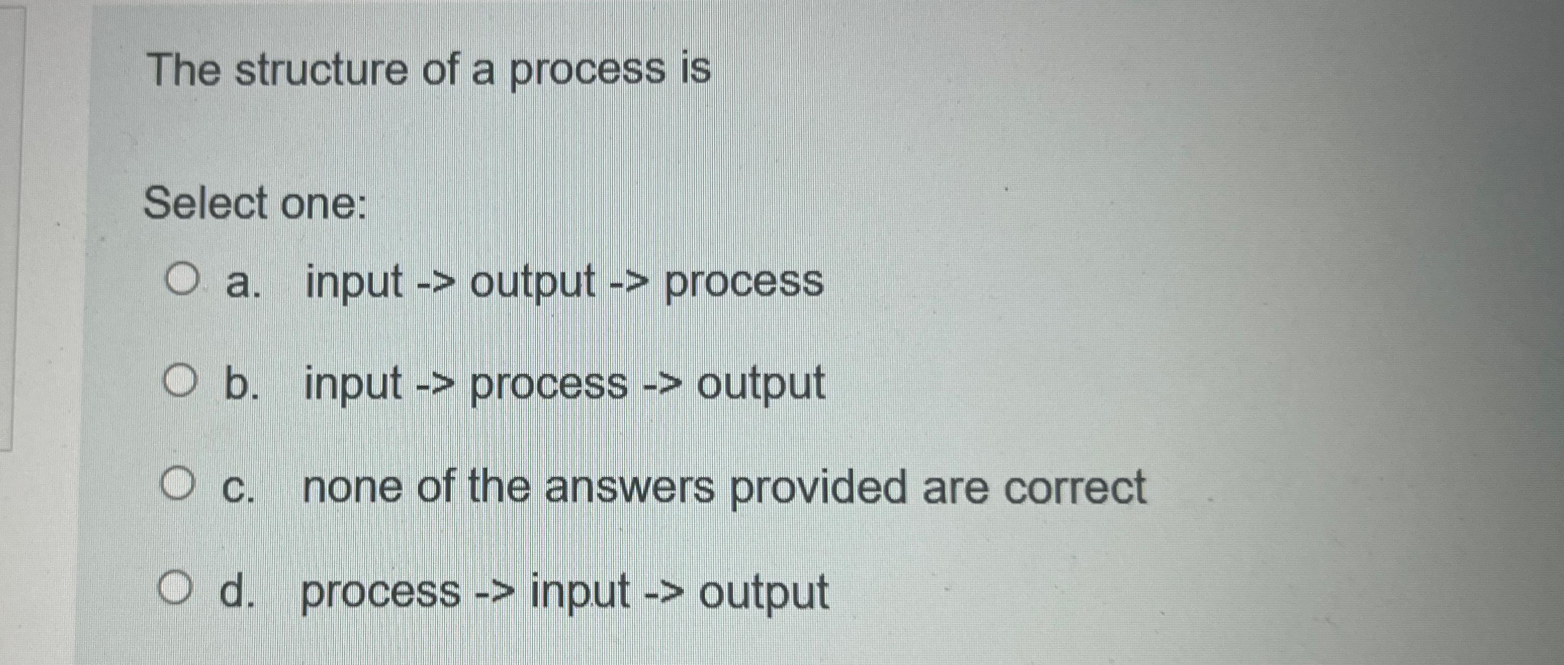 Solved The structure of a process isSelect one:a. ﻿input → | Chegg.com
