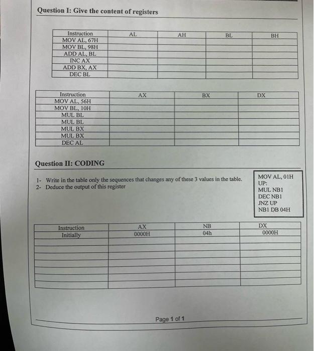 Solved Question I: Give the content of registers Question | Chegg.com