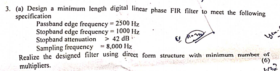 Solved (a) ﻿Design a minimum length digital linear phase FIR | Chegg.com