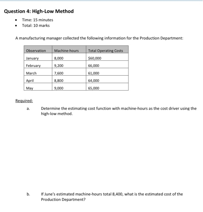Solved Question 4: High-Low Method Time: 15 minutes Total: | Chegg.com
