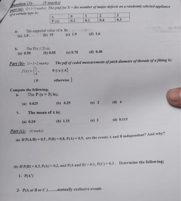 Solved 2ucstion (3)- (9 marks) part (a)- (2+1=3 marks) The | Chegg.com