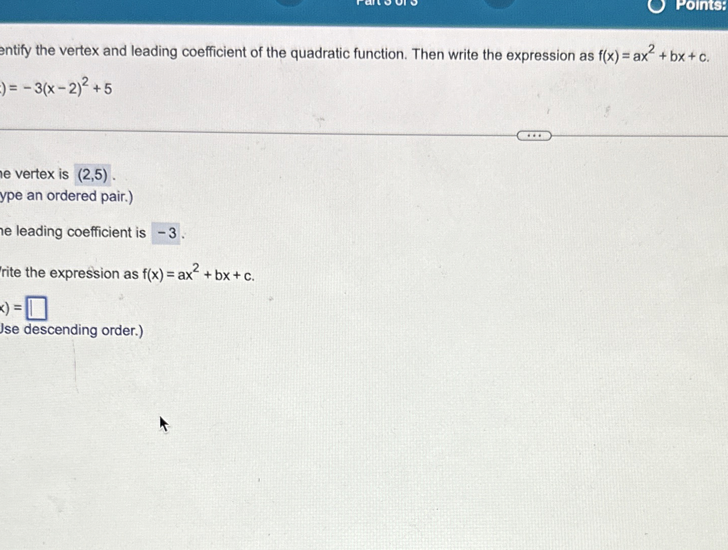 Solved entify the vertex and leading coefficient of the | Chegg.com
