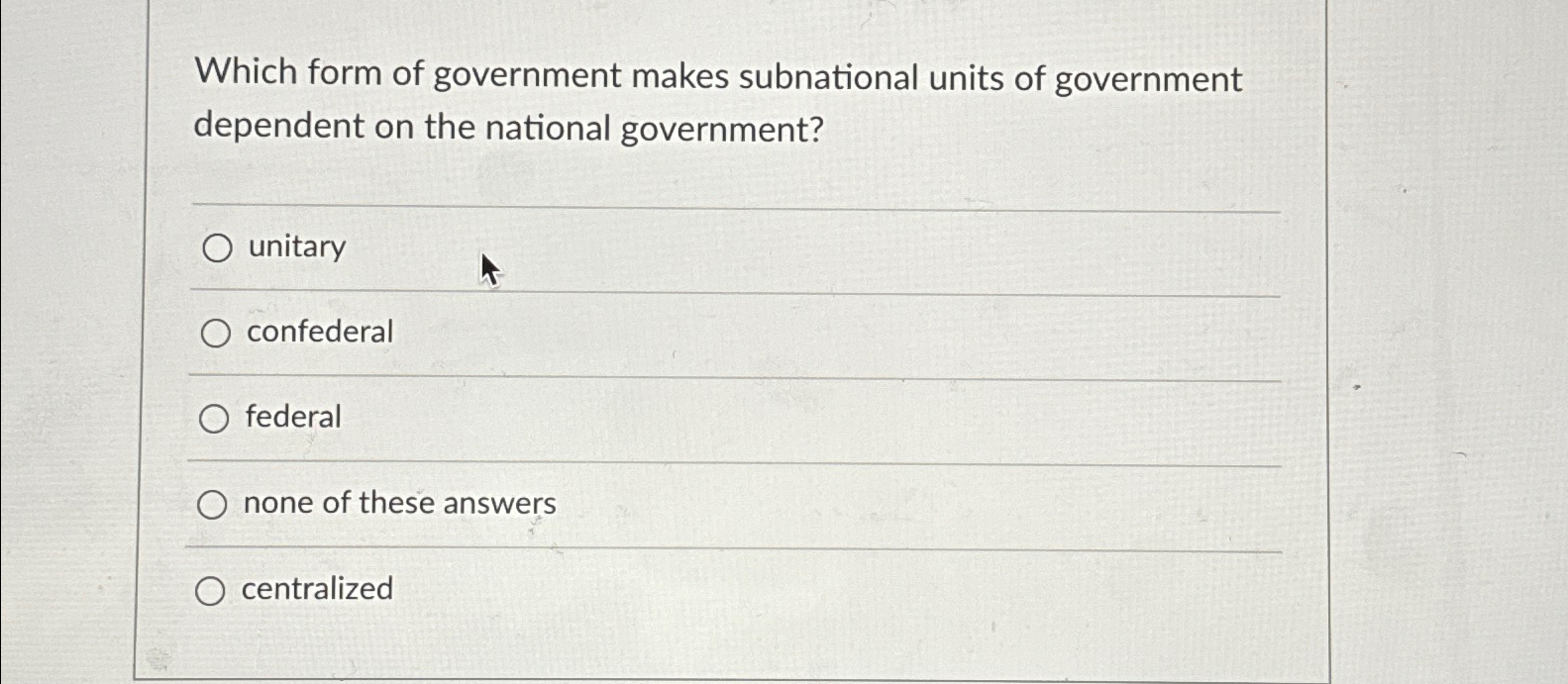 Solved Which form of government makes subnational units of | Chegg.com