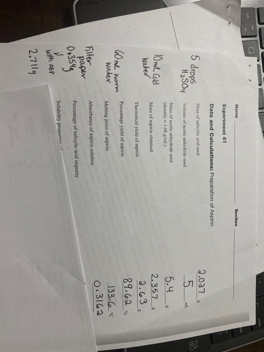 Solved Name Section Experiment 41 Data and Calculations: | Chegg.com