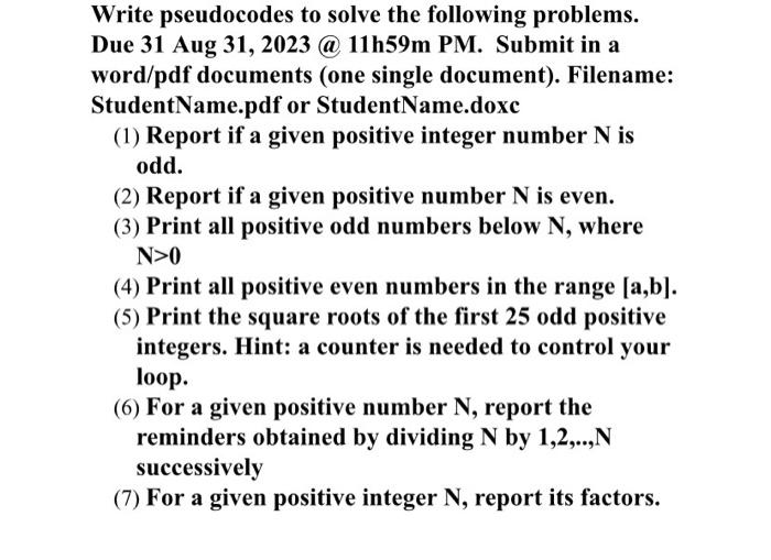 Solved Write Pseudocodes To Solve The Following Problems
