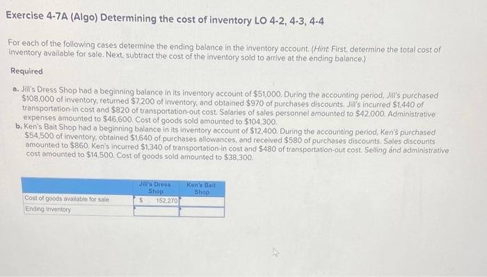 Solved Exercise 4-7A (Algo) Determining the cost of | Chegg.com