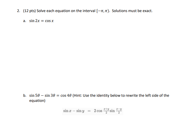 Solved (12 ﻿pts) ﻿Solve each equation on the interval | Chegg.com