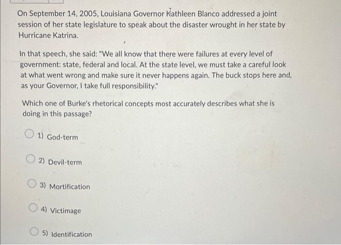 Solved On September 14, 2005, Louisiana Governor Kathleen | Chegg.com