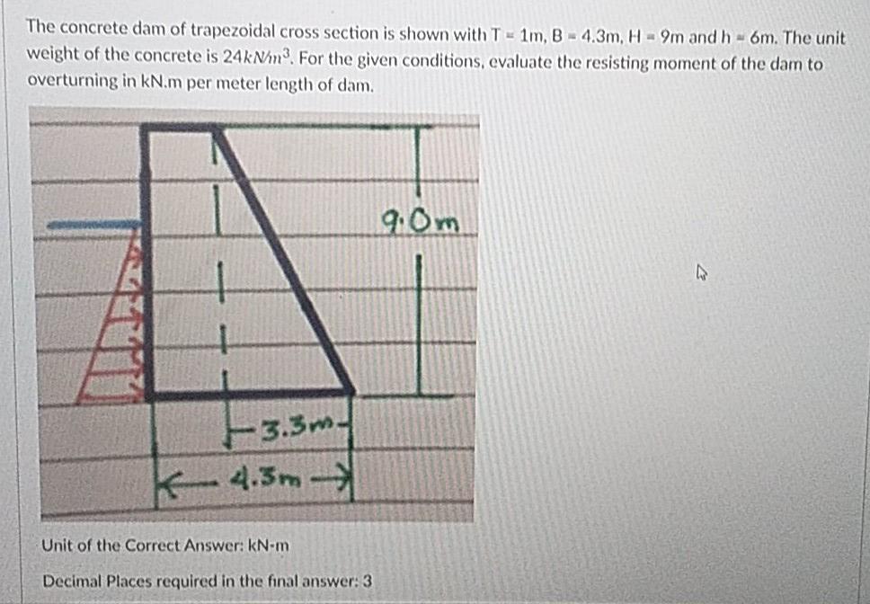 Solved The concrete dam of trapezoidal cross section is | Chegg.com