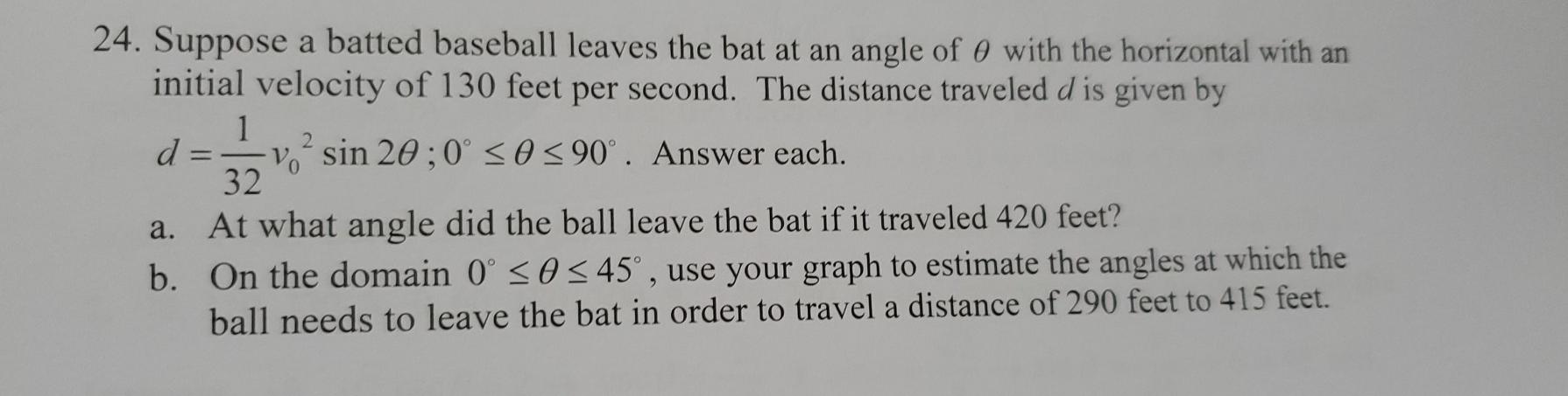 Solved 24. Suppose a batted baseball leaves the bat at an | Chegg.com