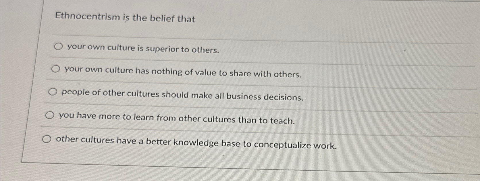 Solved Ethnocentrism is the belief thatyour own culture is | Chegg.com