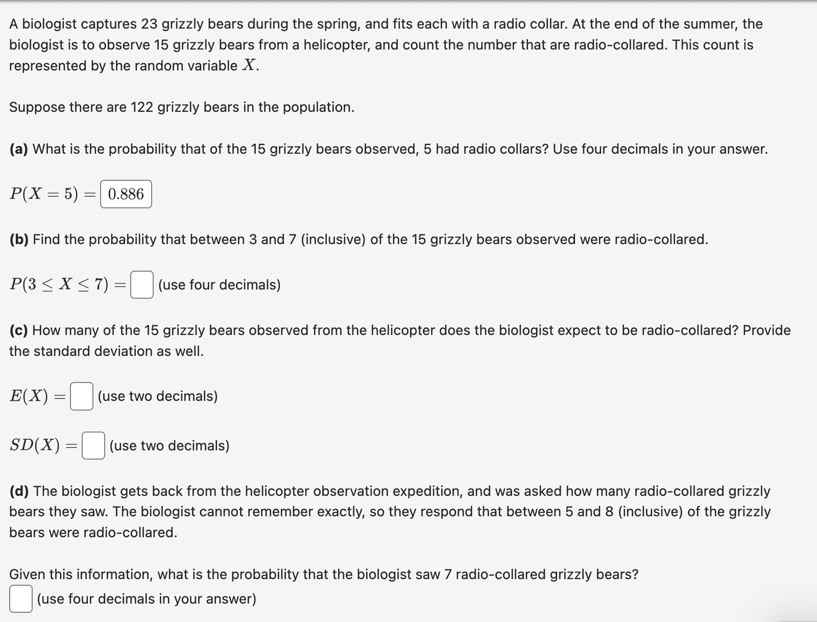 Solved A biologist captures 23 ﻿grizzly bears during the | Chegg.com