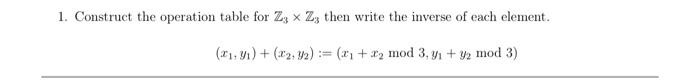 Solved 1. Construct the operation table for Z3×Z3 then write | Chegg.com