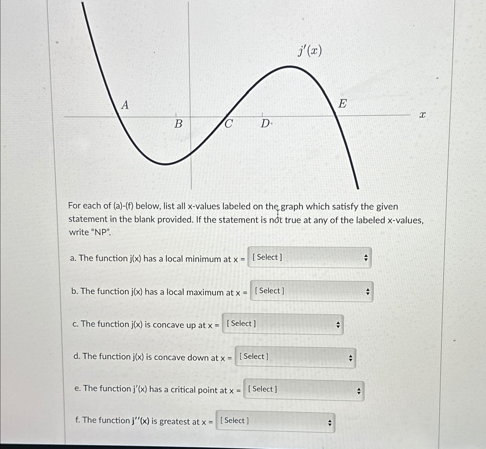 Solved For each of (a)-(f) ﻿below, list all x-values labeled | Chegg.com