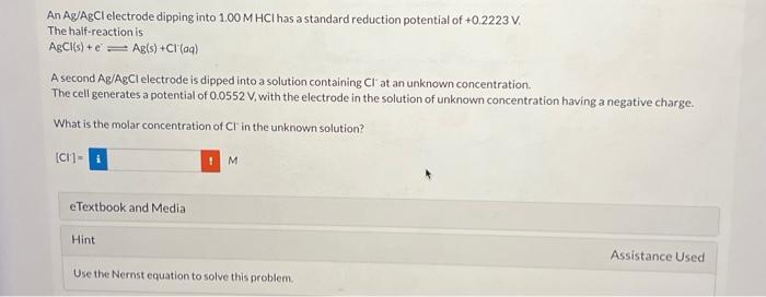 Solved An Ag/AgCl electrode dipping into 1.00MHCl has a | Chegg.com